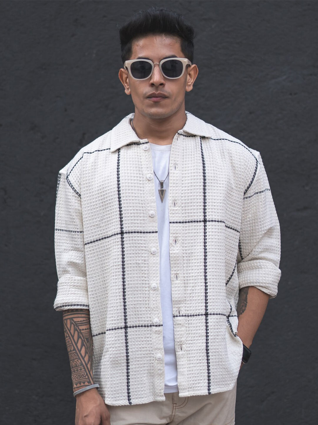 Buy Powerlook Off White India Slim Oversized Checked Shackets - Shirts ...