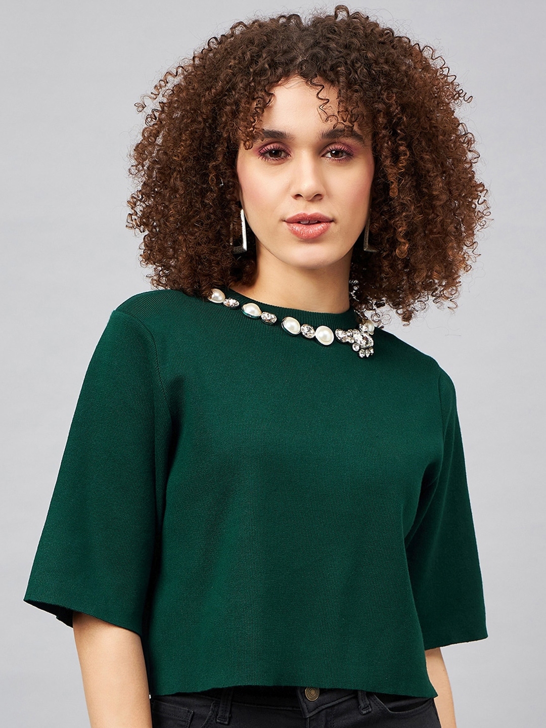 Buy Chemistry Ribbed Self Design Embellished Flared Sleeves Woolen Crop