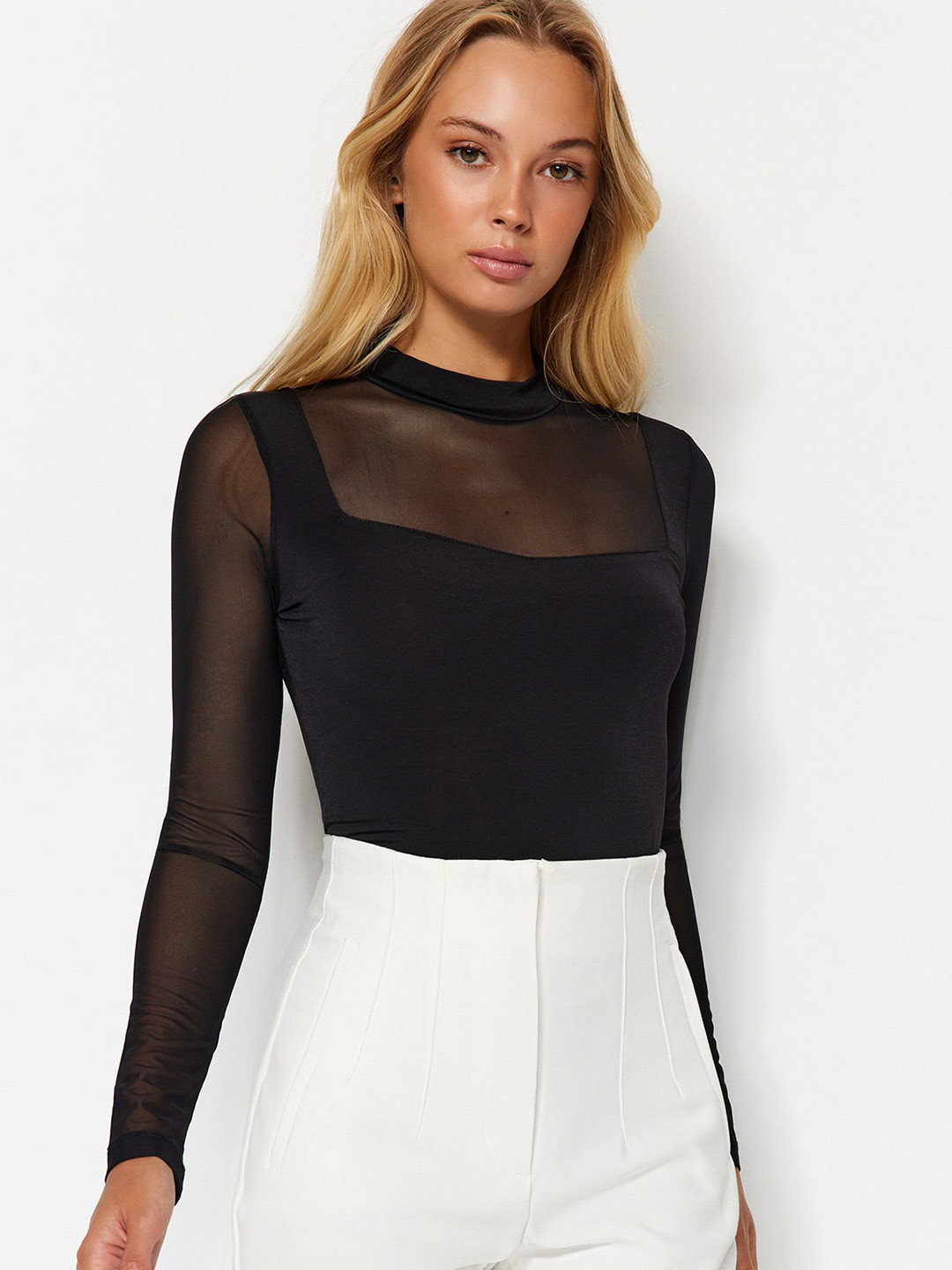 Buy Trendyol High Neck Long Sleeves Semi Sheer Top - Tops for Women ...