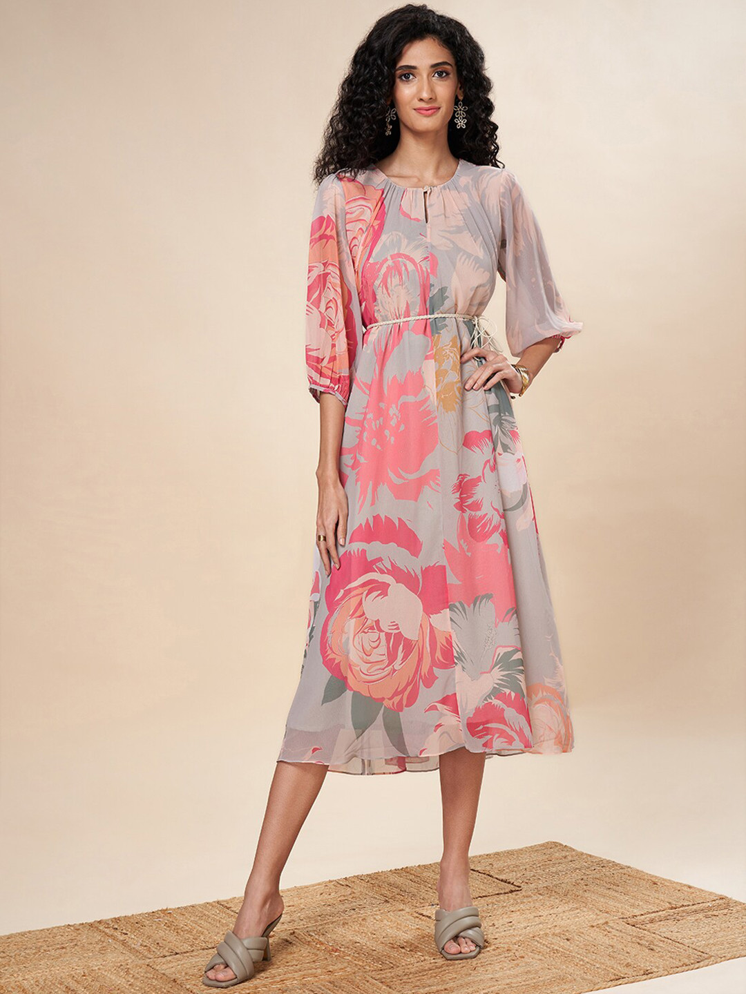 Buy Marigold Lane Floral Printed Tie Ups Georgette A Line Dress ...