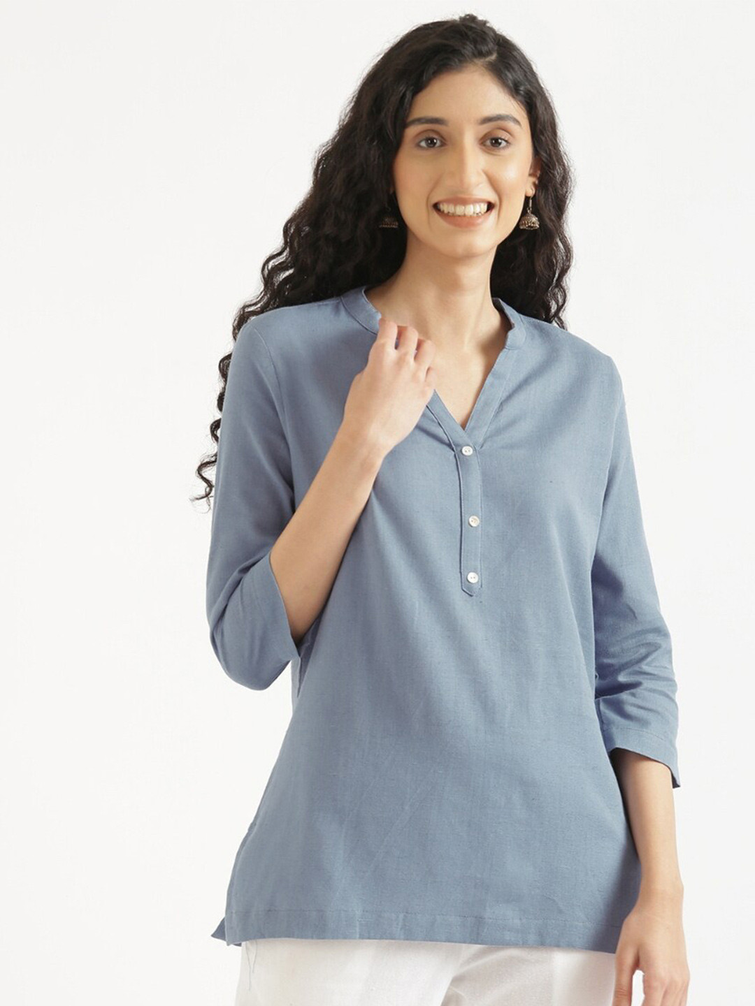 Buy SAADAA Mandarin Collar Cotton Linen Straight Kurti - Kurtis for ...