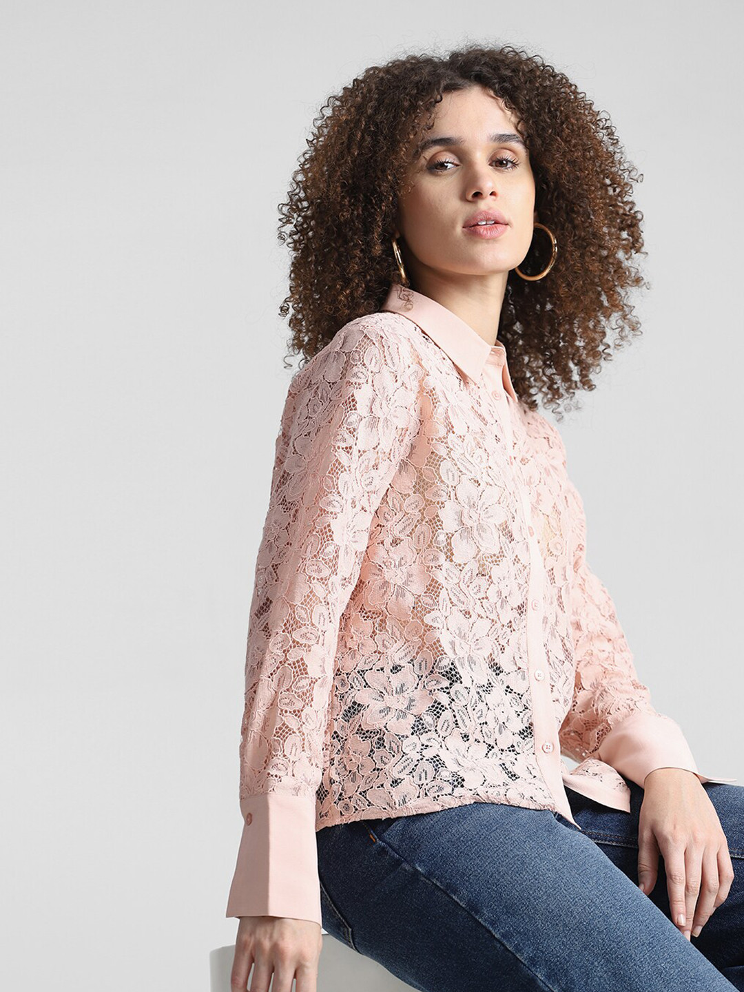 Buy ONLY Slim Fit Self Design Lace Detail Semi Sheer Casual Shirt ...