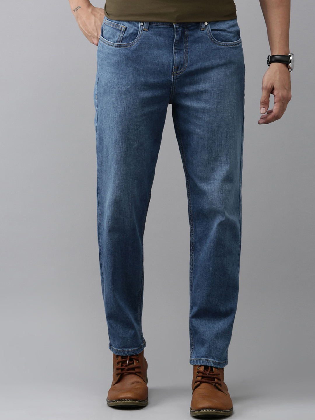 Buy Mast & Harbour Men Blue Relaxed Fit Light Fade Stretchable Jeans ...