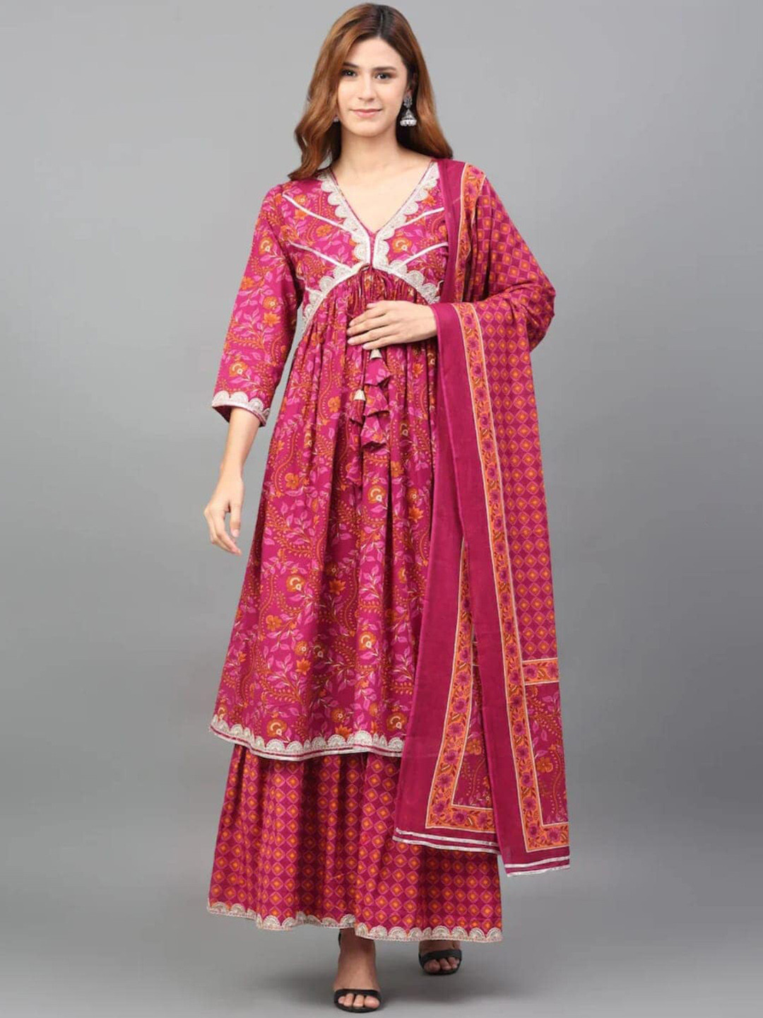 Buy Assamica Floral Printed Empire Gotta Patti Pure Cotton Kurta With Sharara & Dupatta - Kurta ...