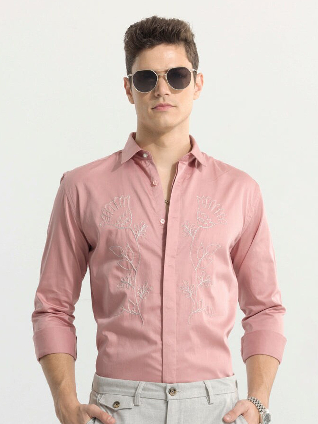 Buy Snitch Pink Floral Printed Classic Slim Fit Cotton Casual Shirt ...