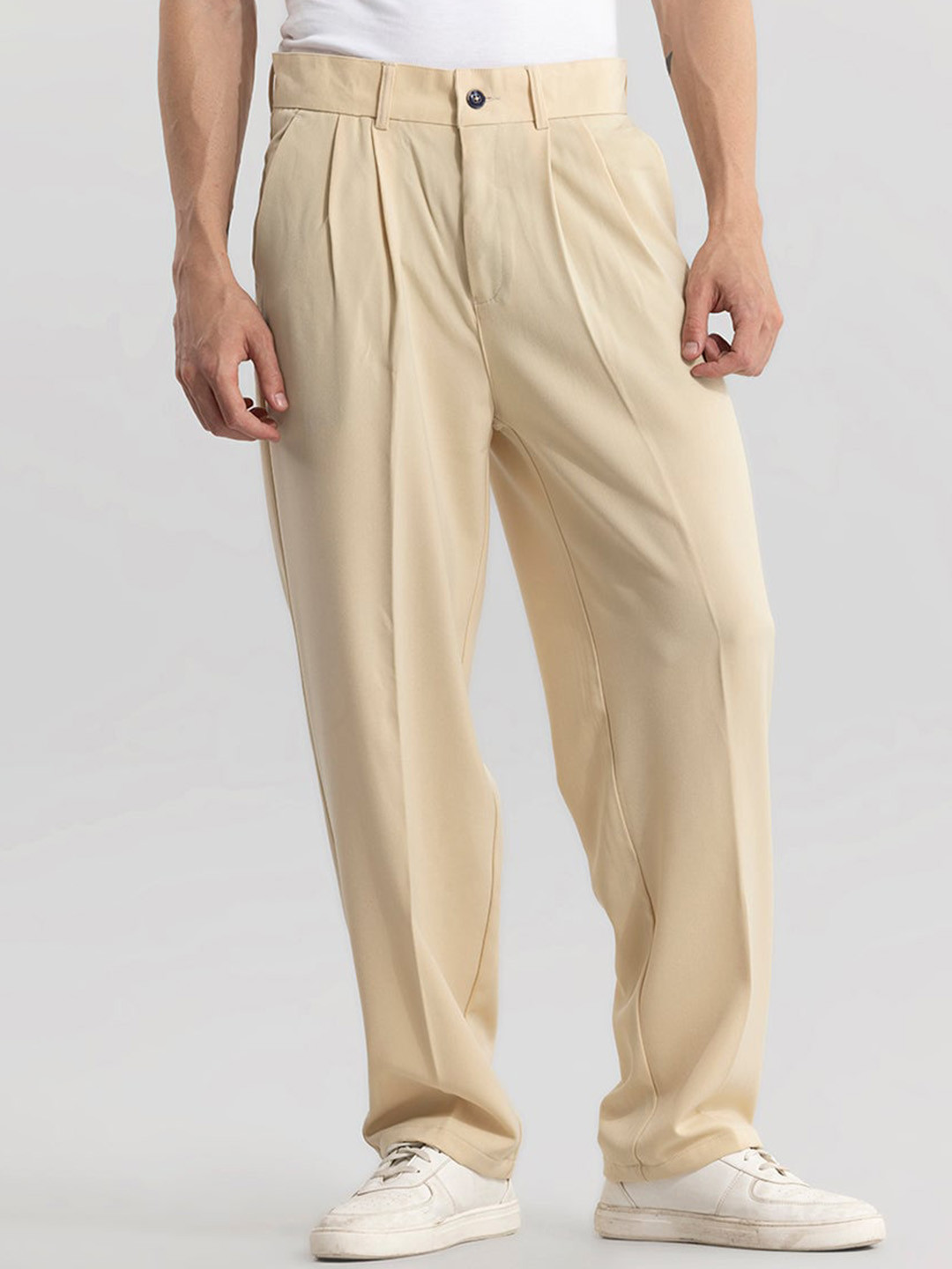 Buy Snitch Men Beige Smart Loose Fit Mid Rise Pleated Trousers ...