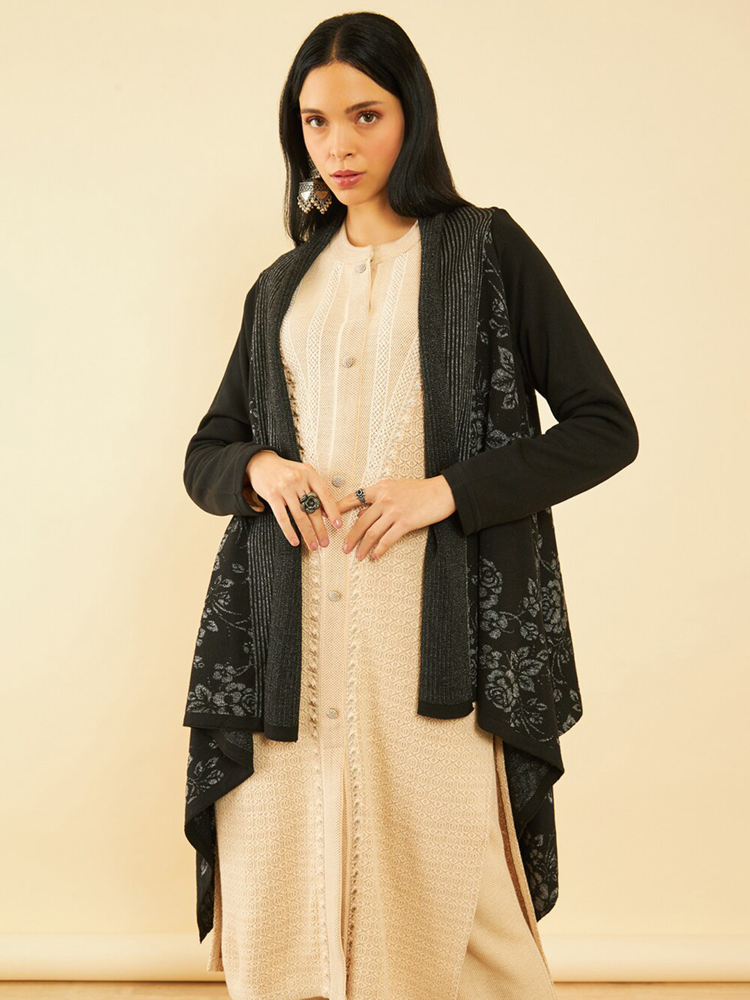 Buy Soch Black Floral Printed Acrylic Longline Asymmetric Open Front ...