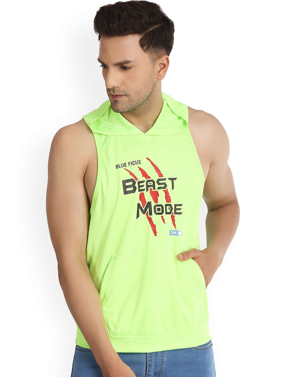 Buy BLUEFICUS Typography Printed Hooded Pure Cotton Gym Vest BF NEON ...