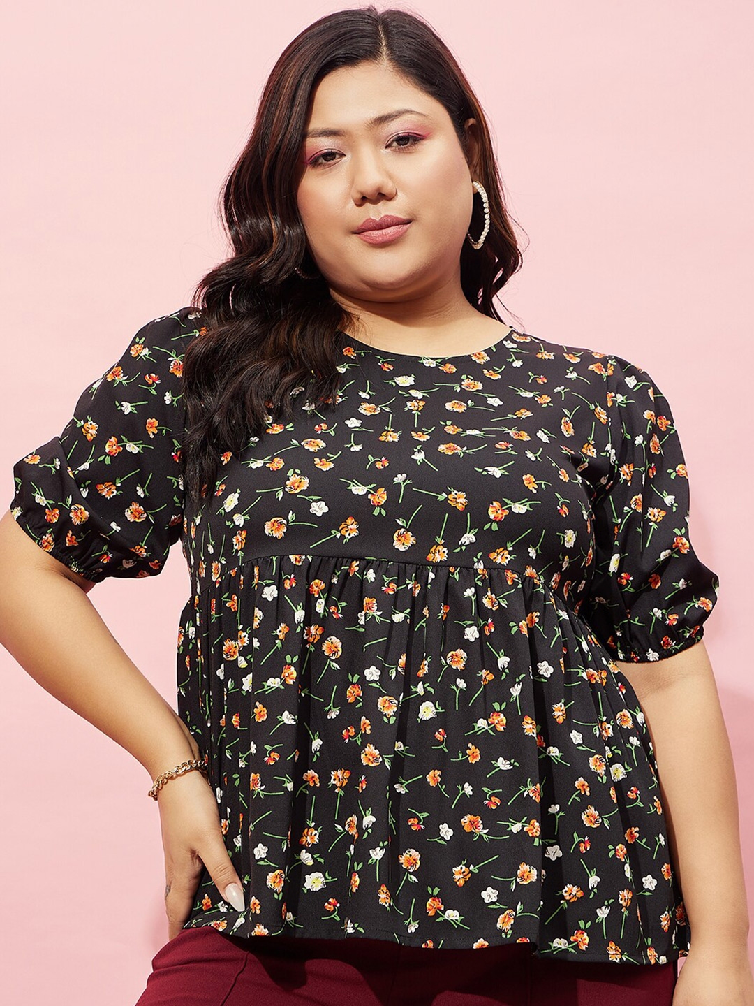 Buy Berrylush Curve Plus Size Black Floral Printed Puff Sleeves