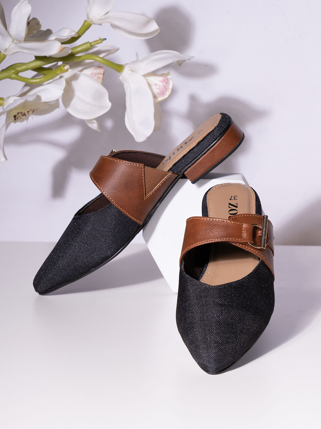 Buy ZOUK Embellished Pointed Toe Vegan Leather Work Mules - Flats for ...