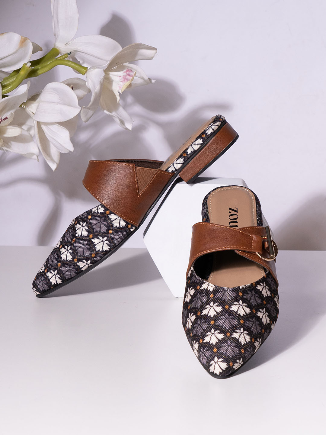 Buy ZOUK Embellished Pointed Toe Printed Vegan Leather Work Mules ...