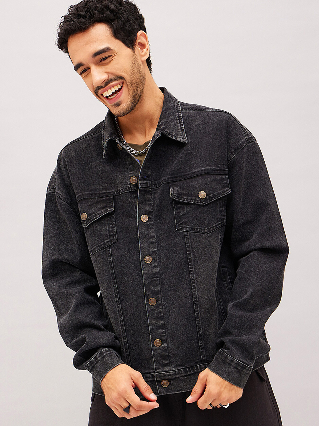 Buy MASCLN SASSAFRAS Black Washed Spread Collar Long Sleeves Cotton ...