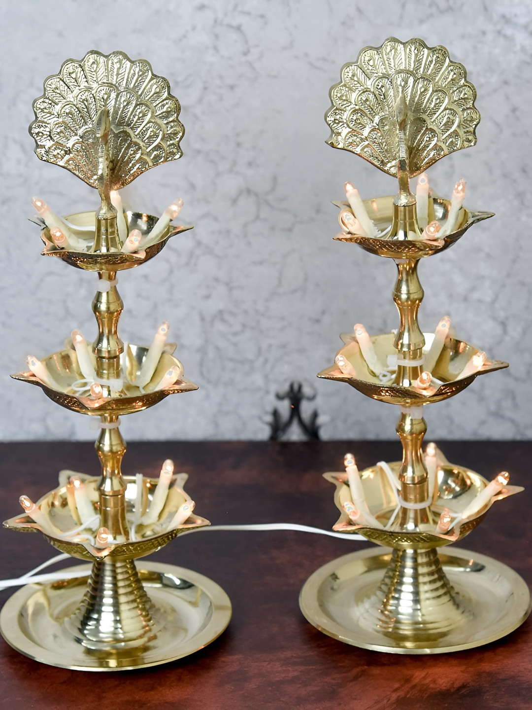 Buy Bhimonee Decor Gold Toned 2 Pieces Brass LED Light Electric Pooja ...