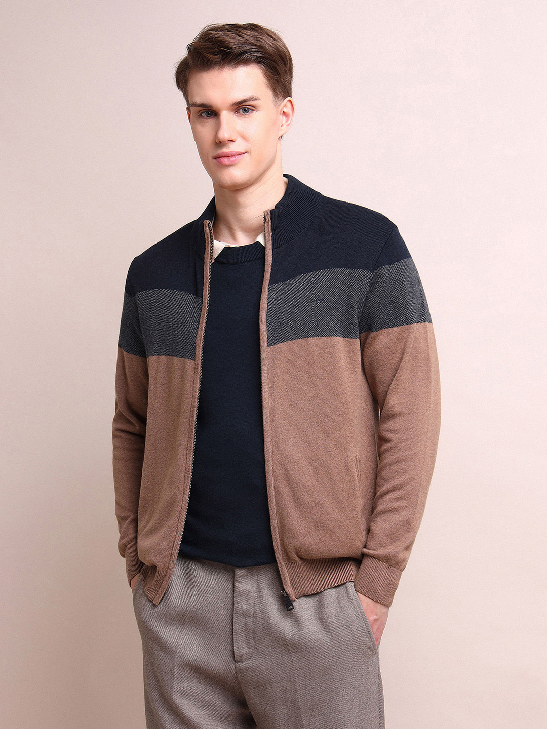 Buy Arrow Colourblocked Mock Collar Long Sleeves Cardigan Sweater ...