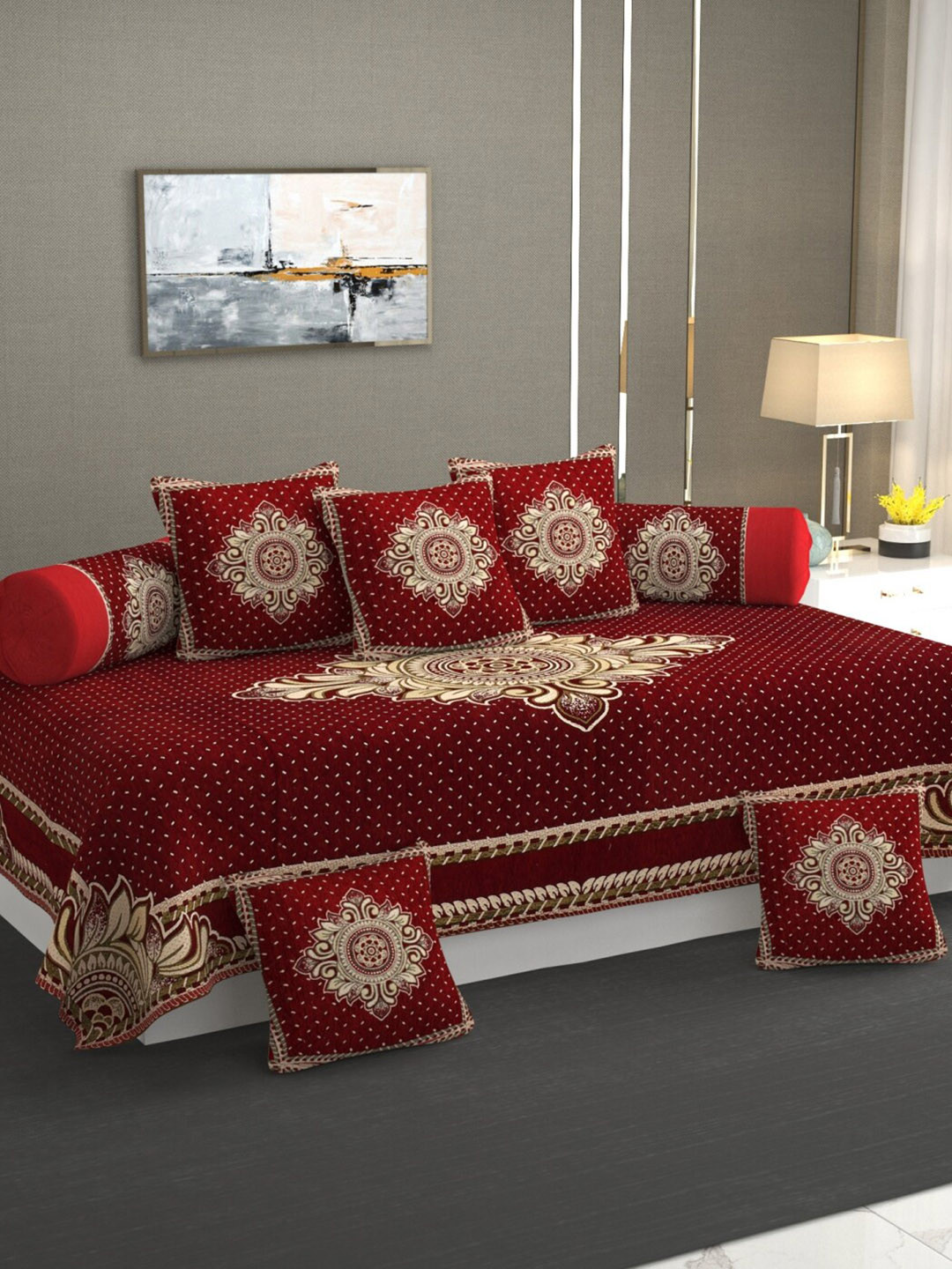 Buy MULTITEX Maroon Ethnic Motifs Velvet 5 Seater Sofa Cover With Table ...
