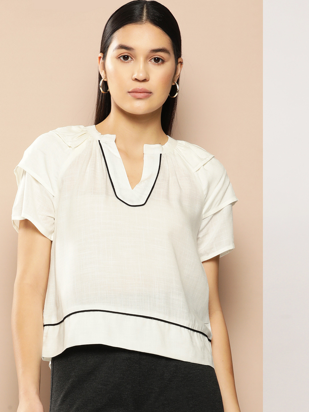 Buy Chemistry Layered Sleeve Mandarin Collar Top With Contrast Piping ...