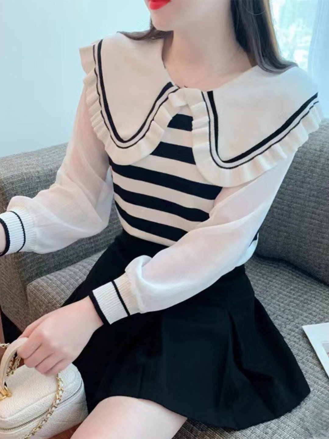 Buy StyleCast Girls White Horizontal Stripes Keyboard Collar Long ...