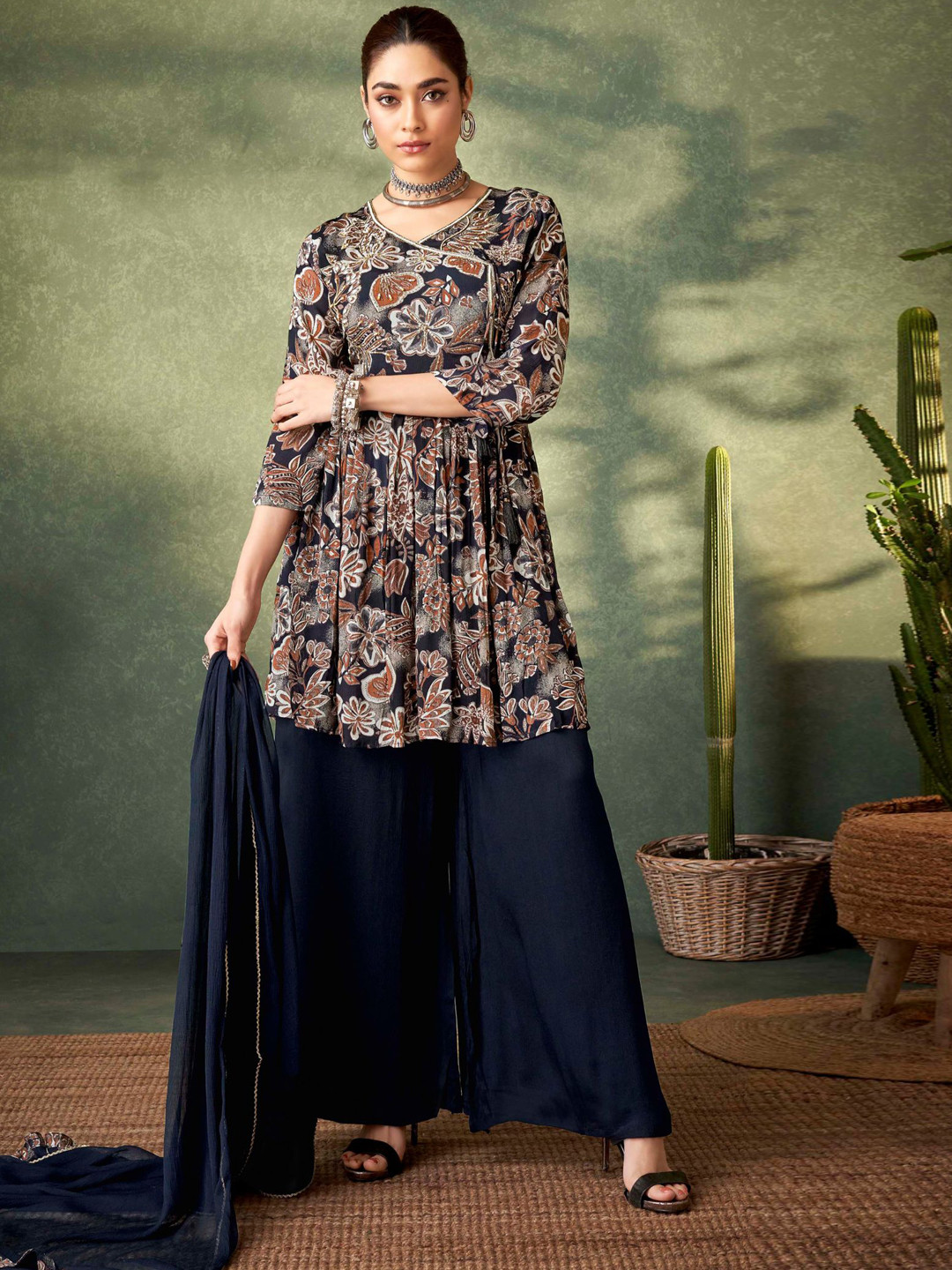 Buy KALINI Floral Printed Pleated Beads And Stones Anarkali Kurti With ...