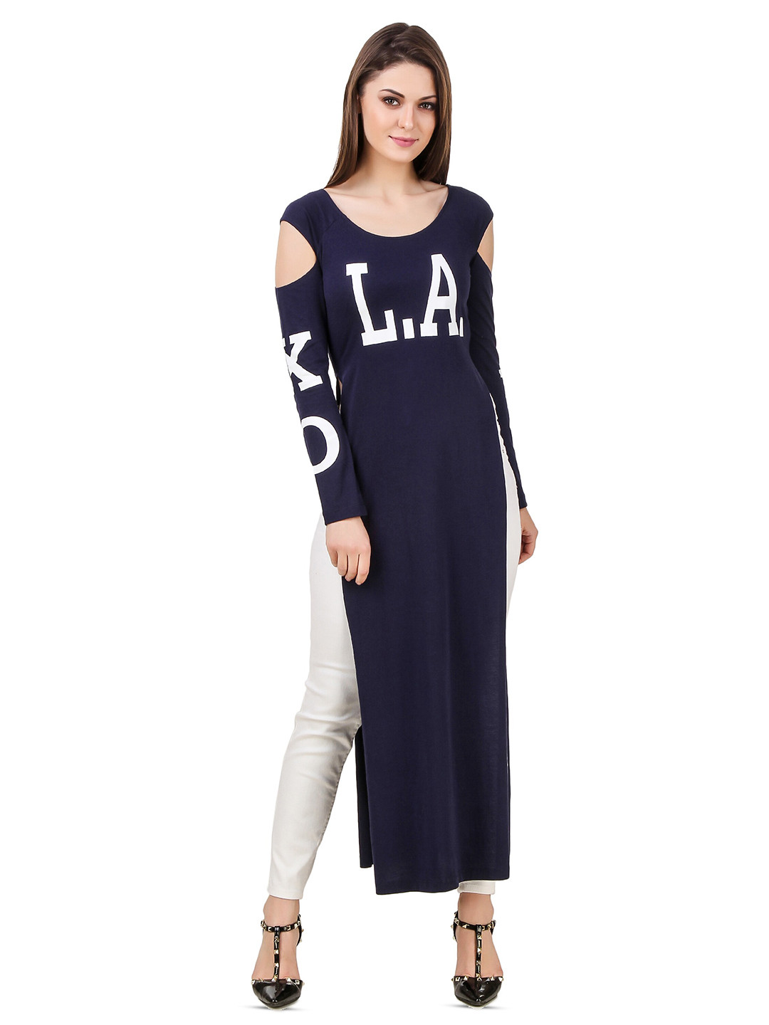 Buy Texco Typography Printed Cold Shoulder Sleeves Cotton Longline Maxi ...