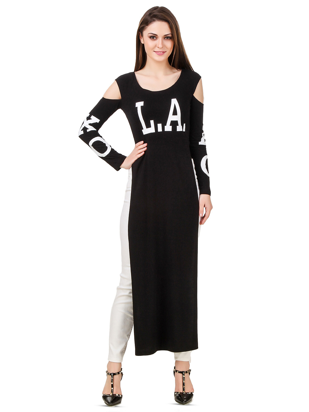 Buy Texco Typography Printed Cold Shoulder Sleeves Cotton Longline Maxi ...