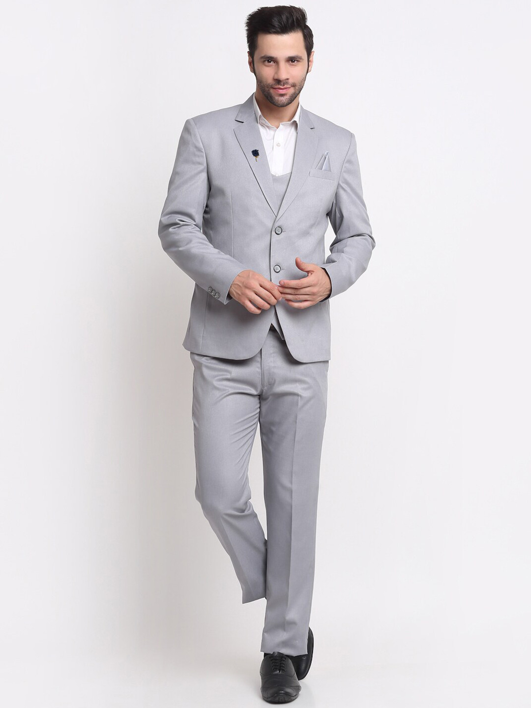 Buy KLOTTHE Men Dark Grey Solid Single Breasted Three Piece Party Suit ...