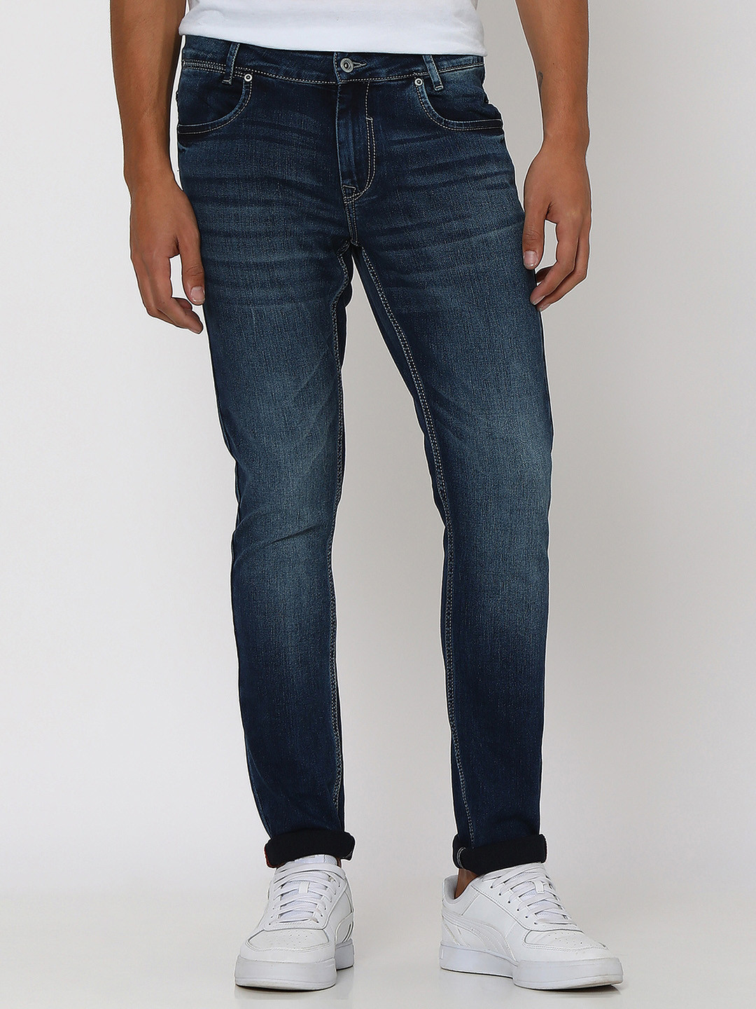 Buy Mufti Men Skinny Fit Mid Rise Dark Shade Clean Look Stretchable ...