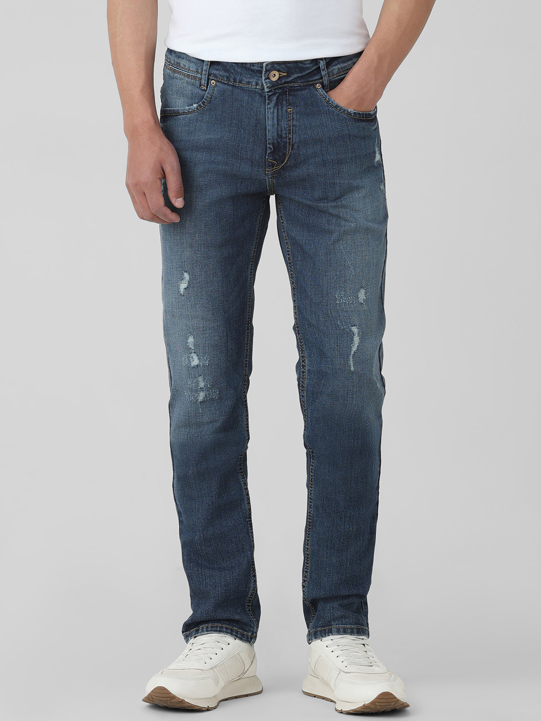 Buy Mufti Men Slim Fit Mid Rise Low Distress Light Fade Stretchable ...