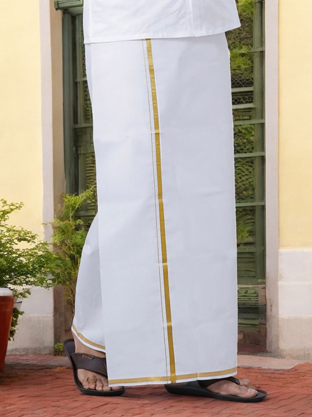Buy Ramraj Men Cotton Solid Gold Jari Border Double Layer Dhoti ...