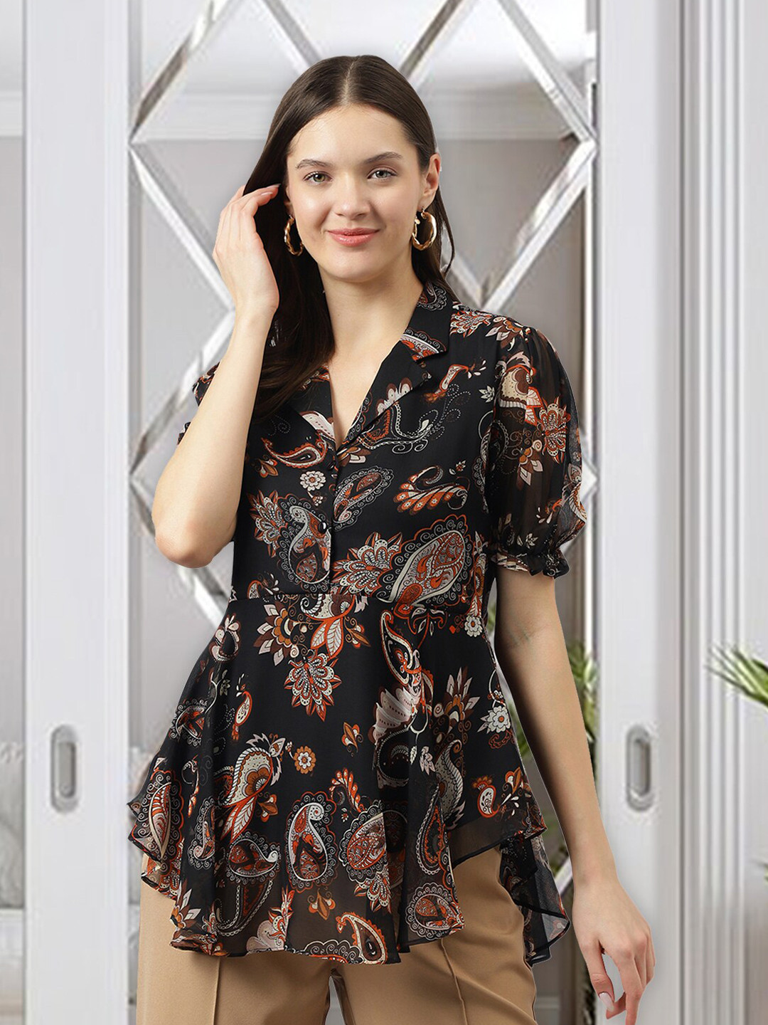 Buy BAESD Paisley Printed Cuban Collar Puff Sleeve Georgette High Low ...