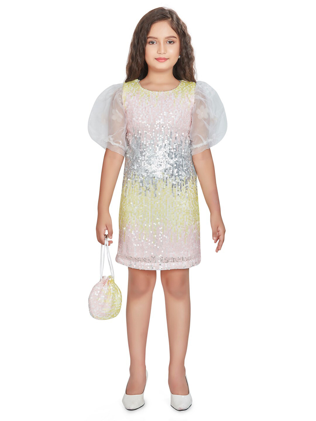 Buy Peppermint Girls Embellished Round Neck Puff Sleeve Sequinned A ...