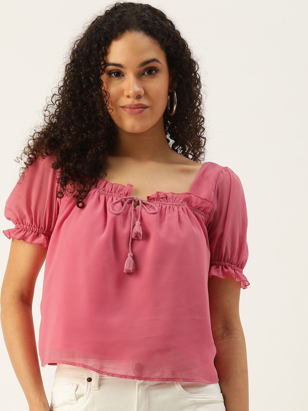 Buy FOREVER 21 Tie Up Neck Puff Sleeves Ruffles Detail Top - Tops for ...