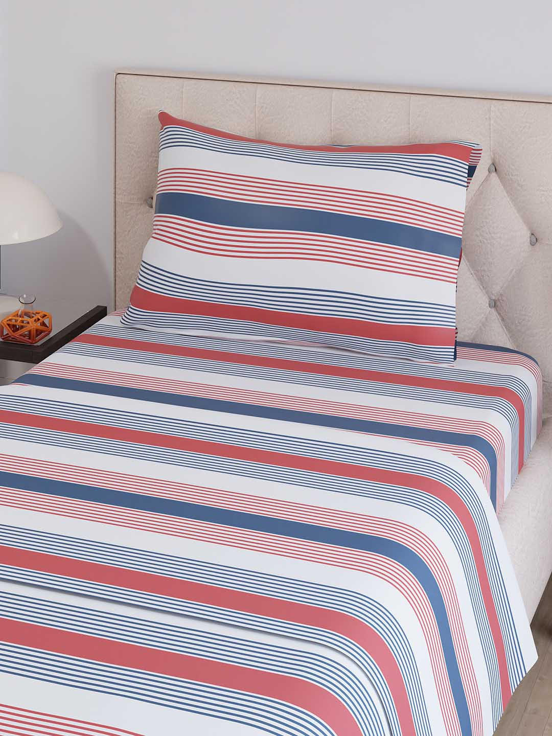 Buy Layers Zen Red & White Striped 225 TC Single Bedsheet With 1 Pillow ...