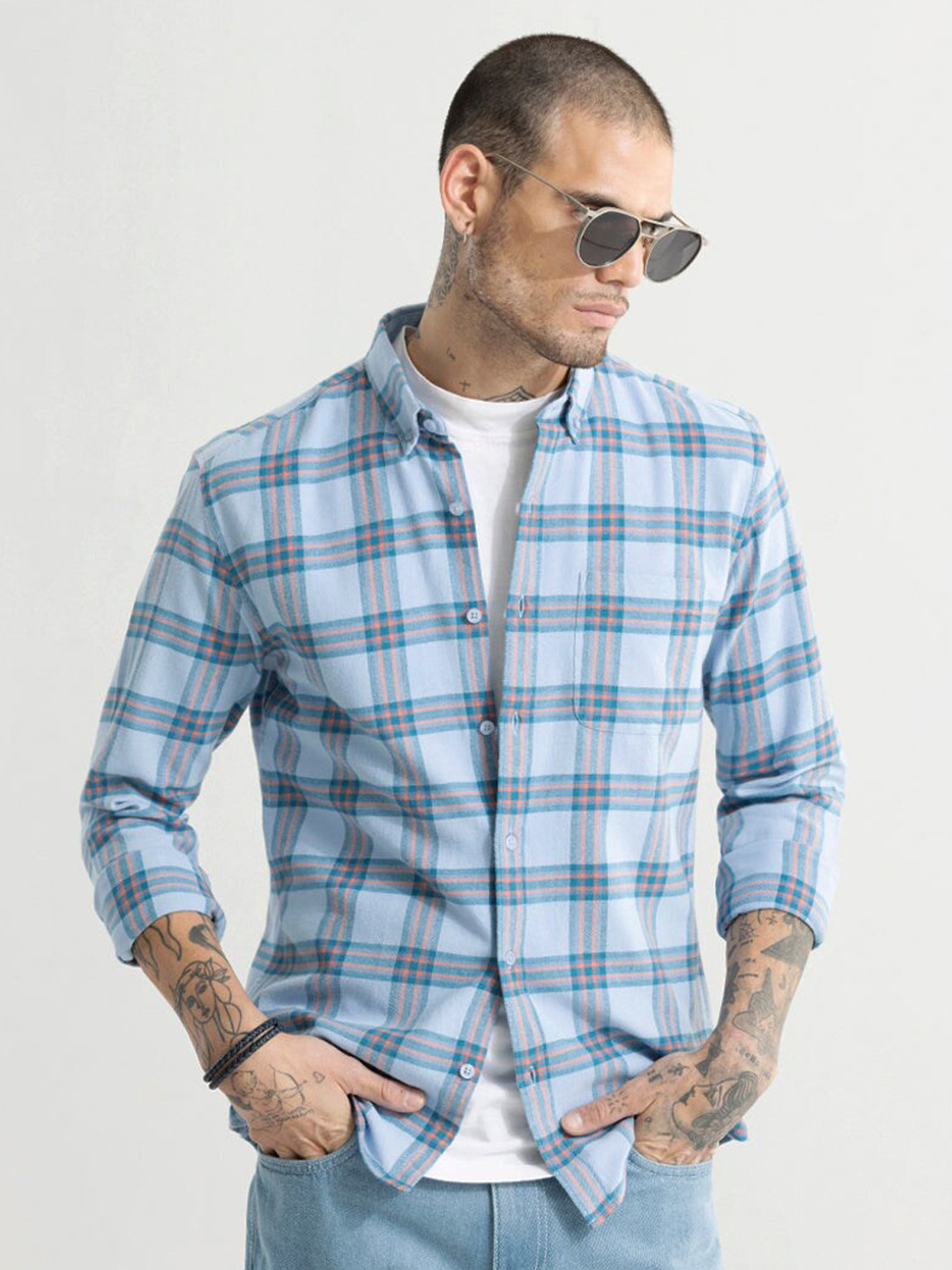 Buy Snitch Blue Classic Slim Fit Tartan Checked Cotton Casual Shirt ...