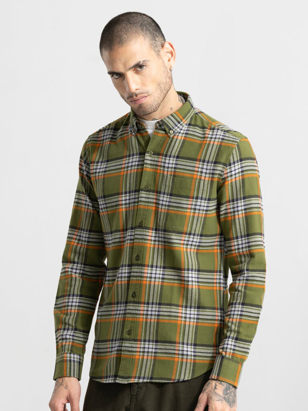 Buy Snitch Green Classic Slim Fit Tartan Checked Cotton Casual Shirt ...
