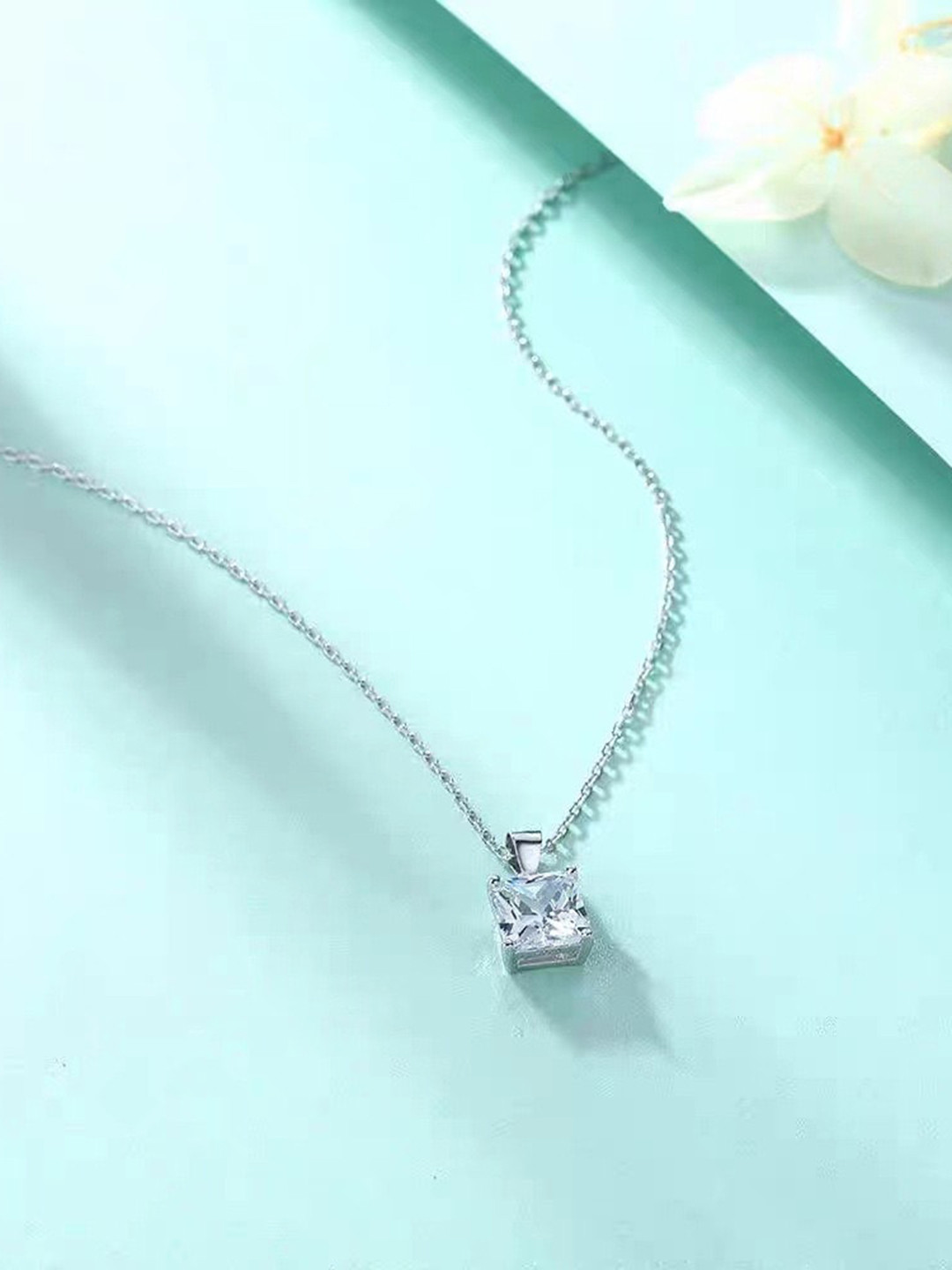 Buy MYKI Silver Plated CZ Stone Studded Square Shape Pendant With Chain ...
