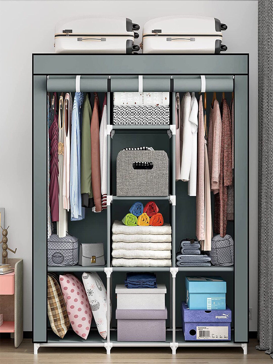 Buy Kuber Industries Grey Foldable 2 Door Portable 6 Shelves Wardrobe ...