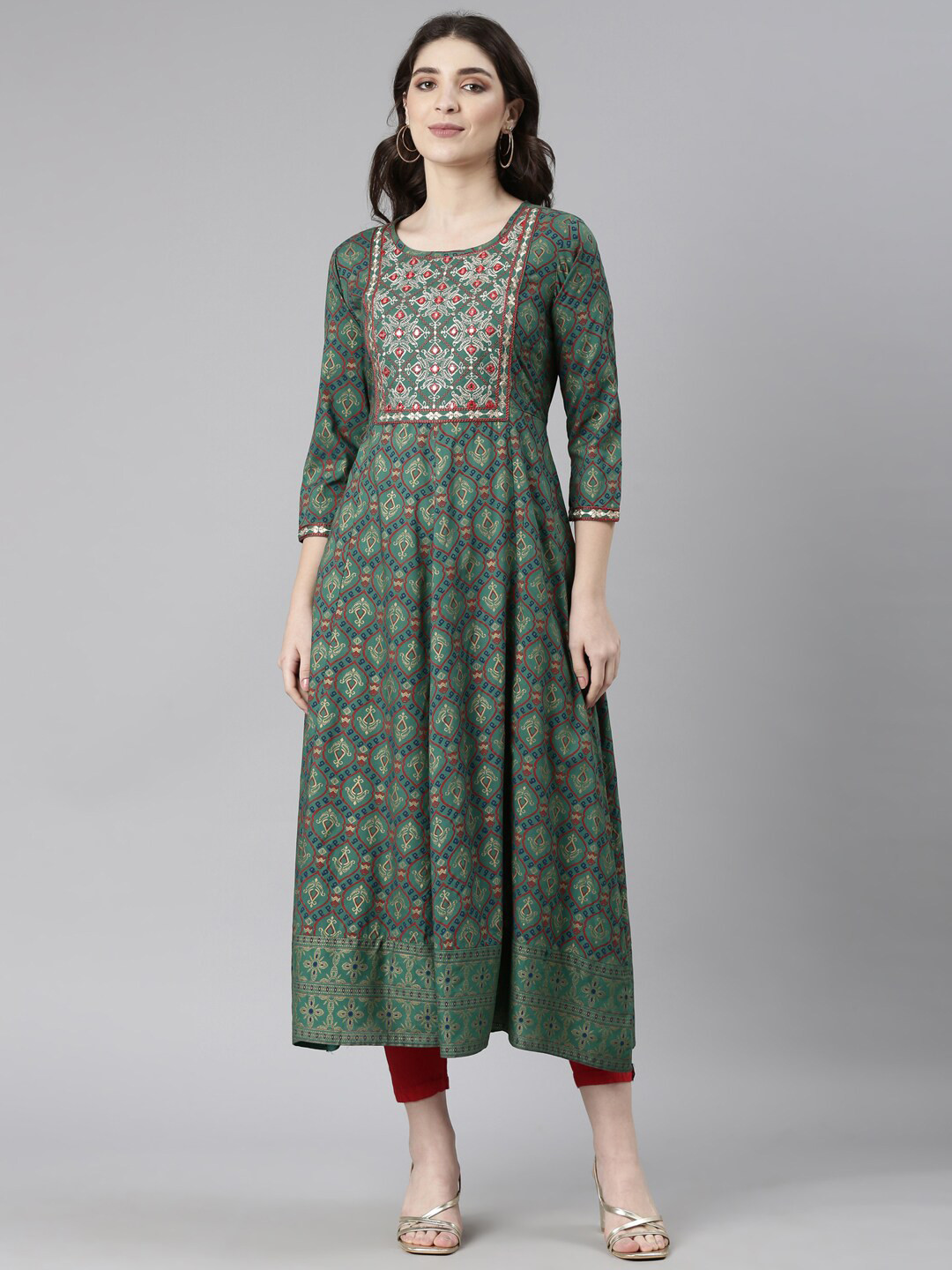 Buy Souchii Ethnic Motifs Foil Printed Mirror Work Anarkali Kurta ...