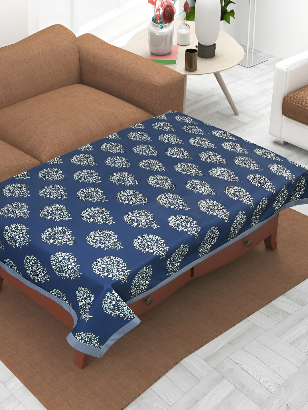 Buy Texstylers Navy Blue & White Floral Printed Cotton 6 Seater Anti ...