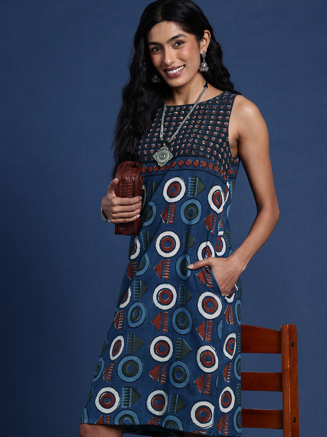 Buy Taavi Geometric Printed A Line Indigo Ethnic Dress - Ethnic Dresses ...
