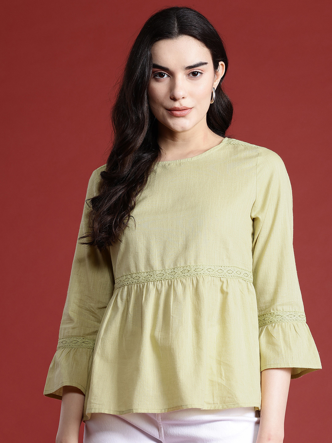 Buy All About You Bell Sleeves Pure Cotton Lace Detailed A Line Top ...