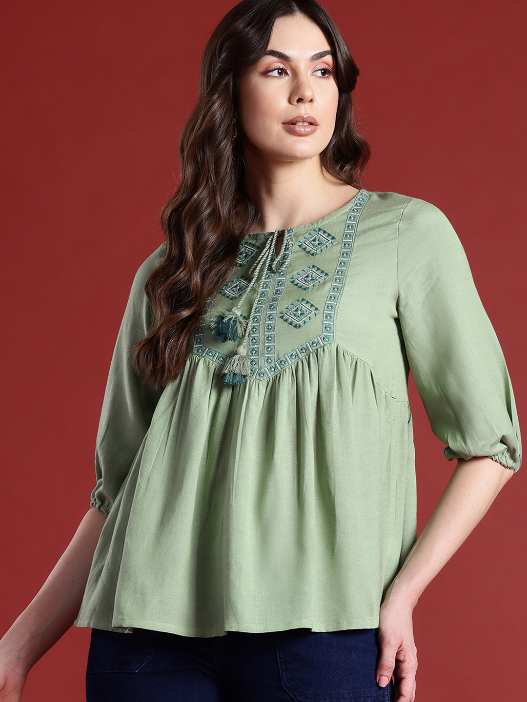 Buy Routes By All About You Tie Up Neck Puff Sleeves A Line Top - Tops ...