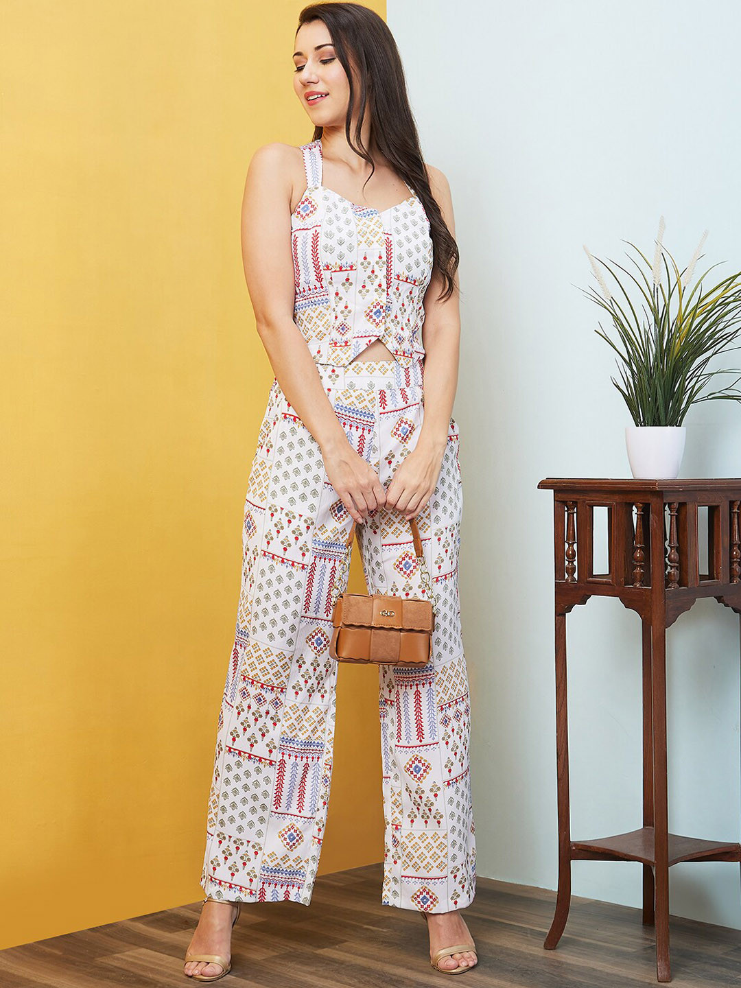 Buy Globus Women Patch Printed Styled Back Crop Top & Palazzos Co Ords ...