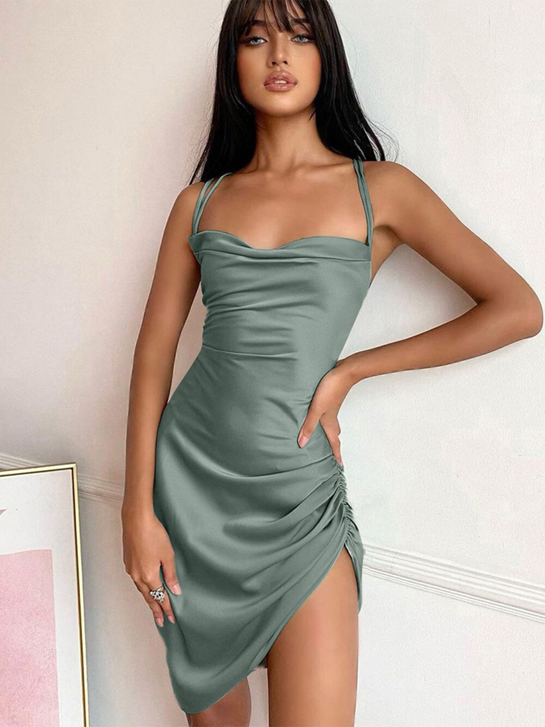 Buy StyleCast Green Shoulder Straps Ruched Bodycon Dress - Dresses for ...