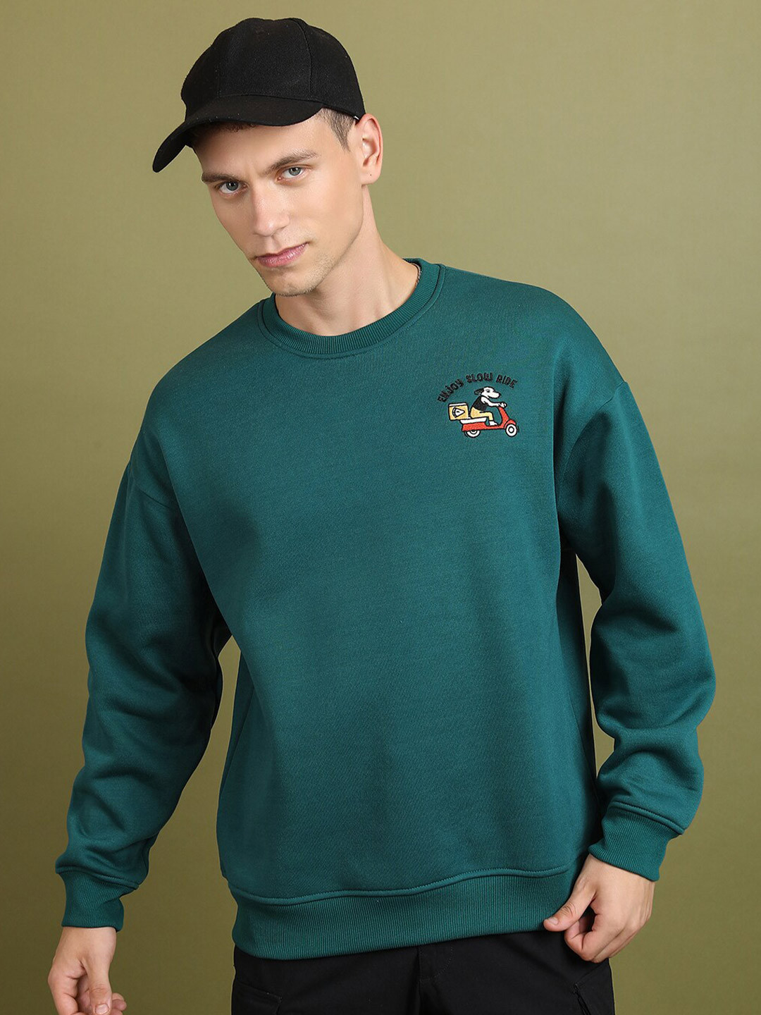 Buy KETCH Green Round Neck Drop Shoulder Sleeves Oversized Sweatshirt ...