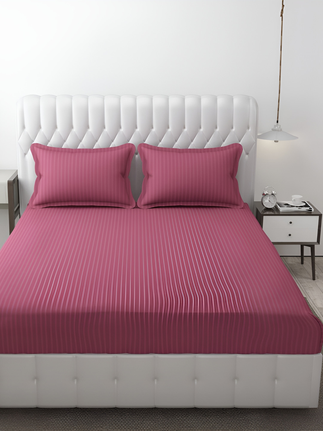 Buy HOMECRUST Fuchsia Striped 180 TC Queen Fitted Bedsheet With 2 ...