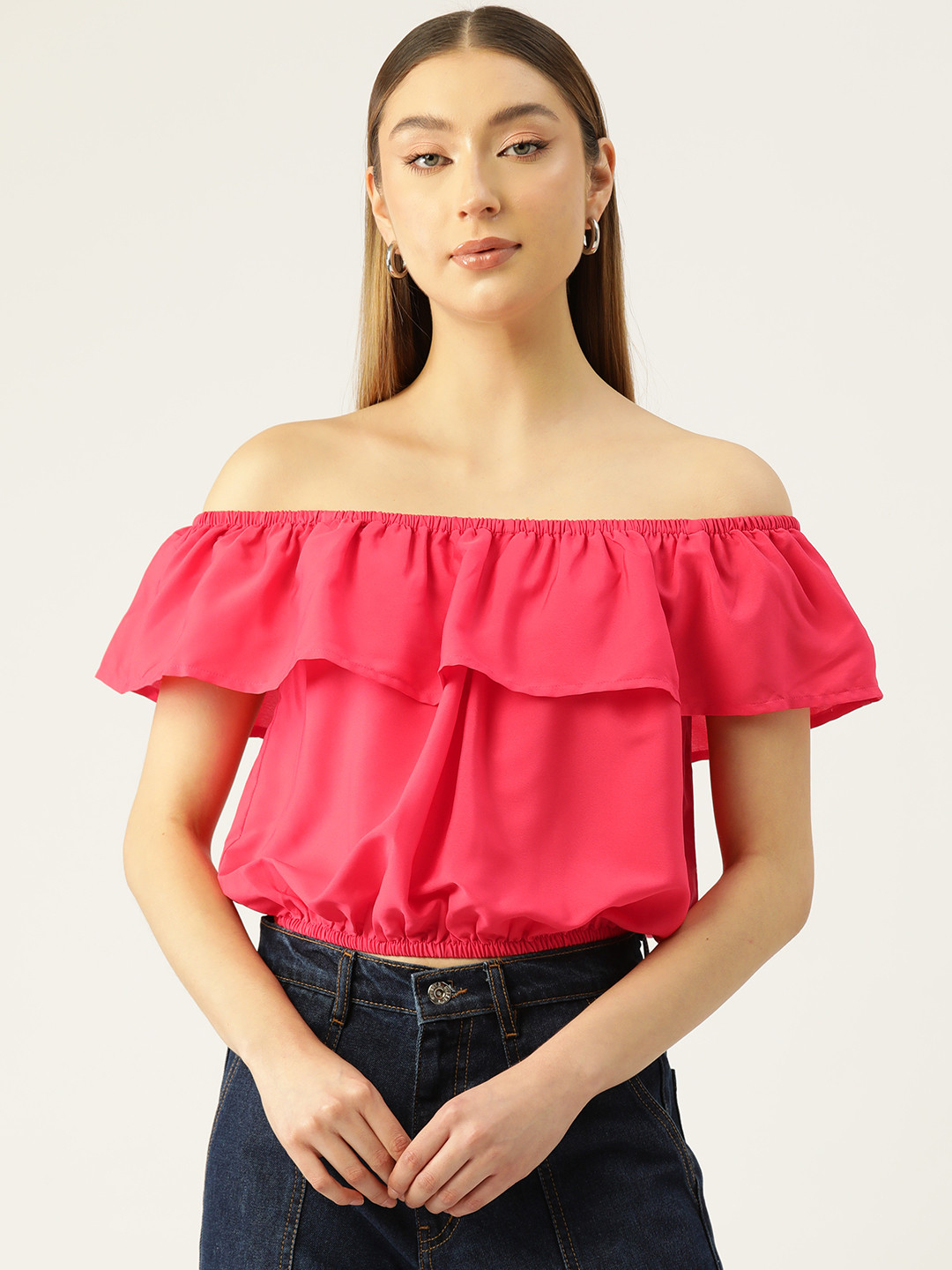Buy Rue Collection Solid Off Shoulder Flared Sleeve Crepe Bardot Crop ...