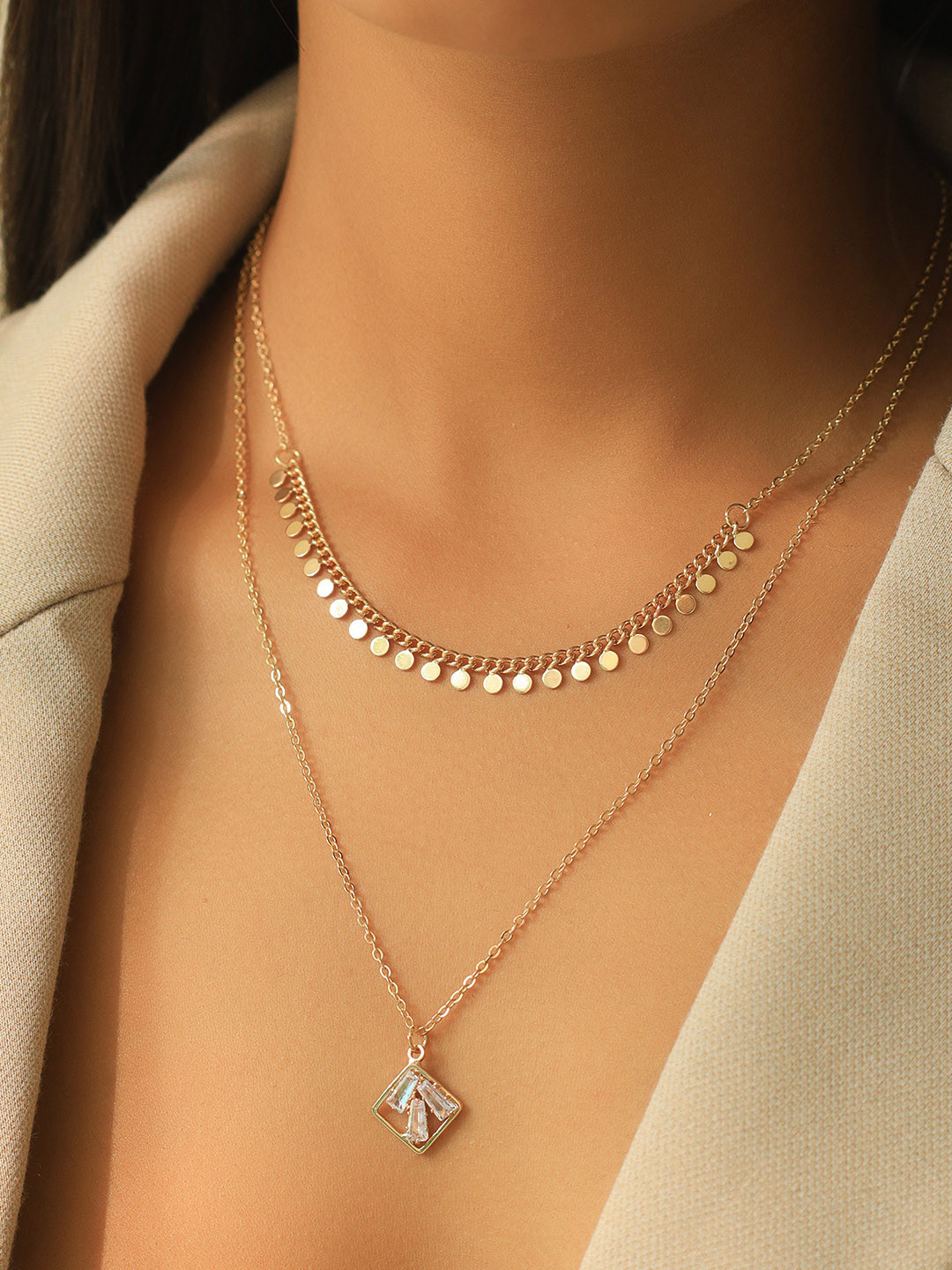 Buy Ayesha Double Layered Gold Chain With Rhinestone Minimalist Pendant ...