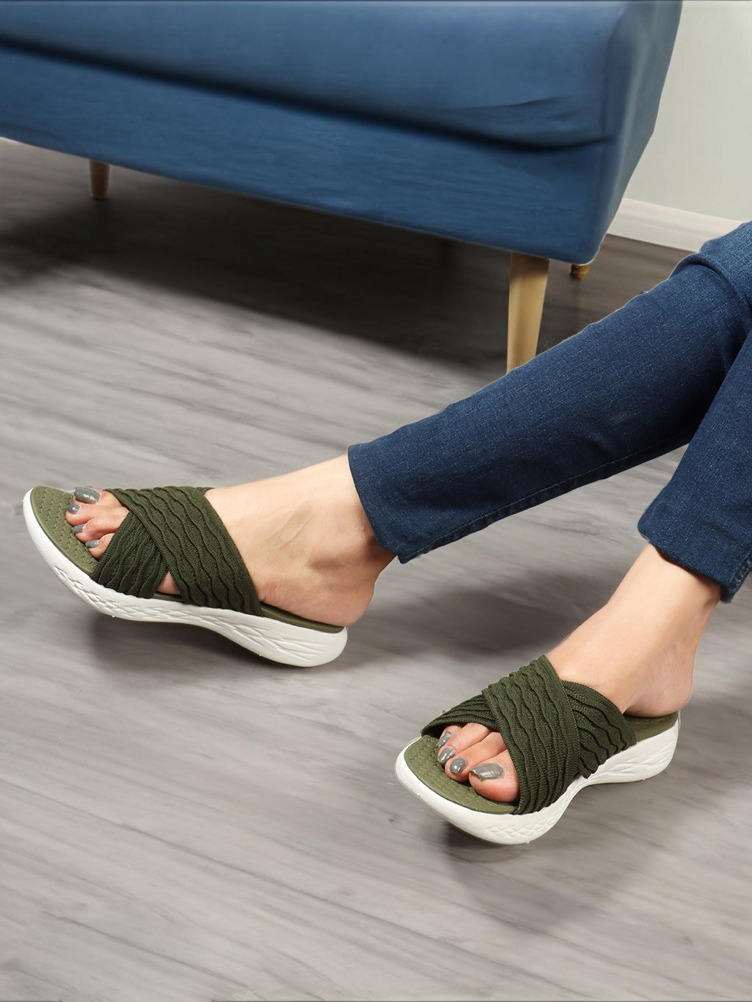 Buy Carlton London Sports Women Olive Green & White Rubber Sliders ...