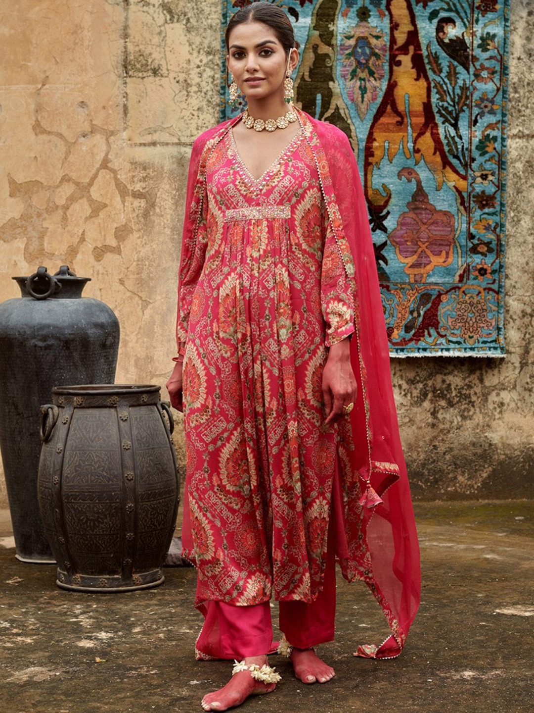 Buy KARAJ JAIPUR Ethnic Motifs Printed Kurta With Trousers & With ...