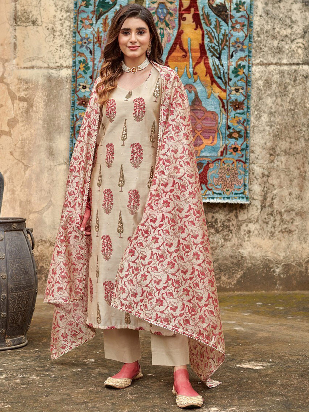 Buy KARAJ JAIPUR Ethnic Motifs Printed Kurta With Trouser & Dupatta ...